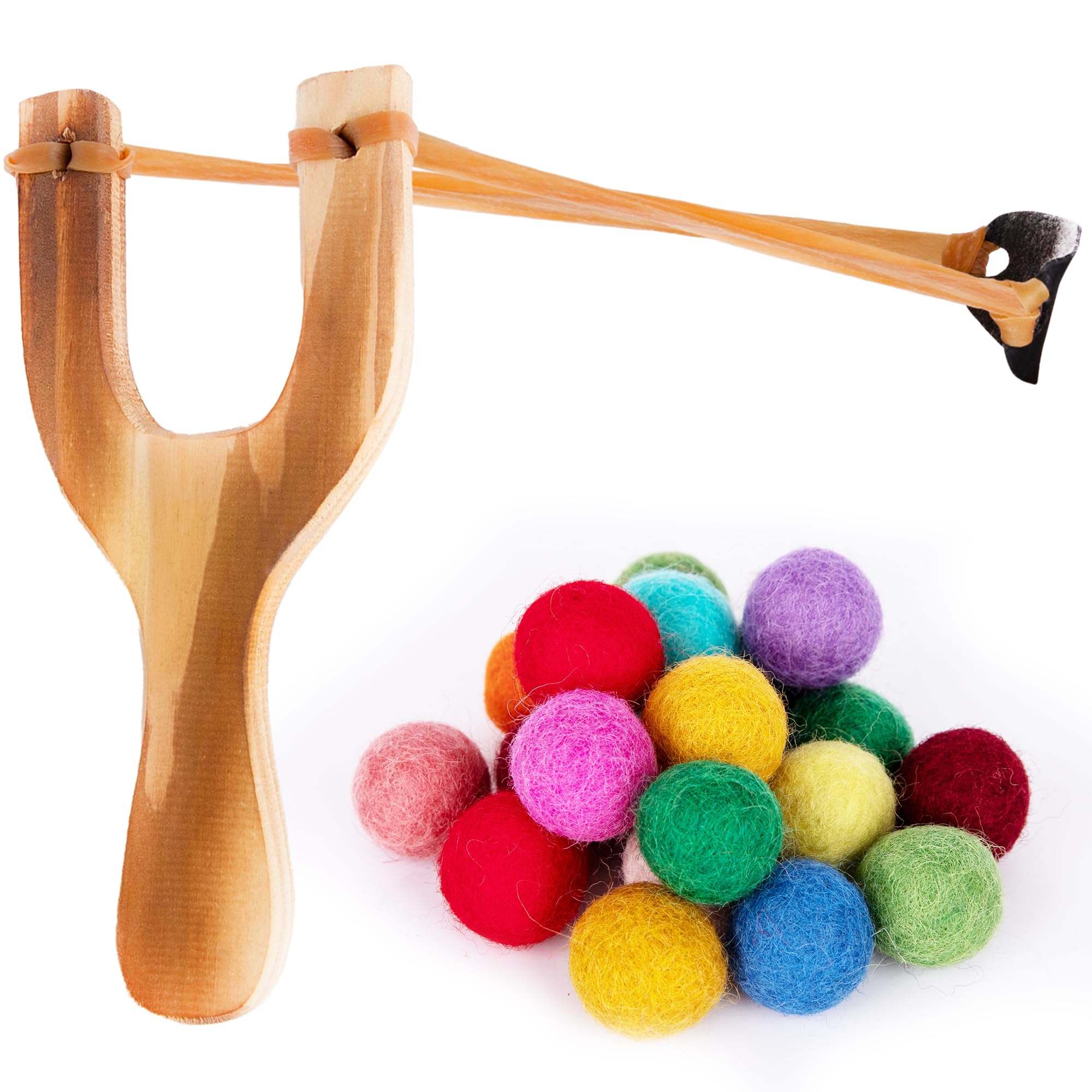 Wooden Toy Slingshot with 20 Wool Balls Wood Sling Shot for Kids S Art Creativity