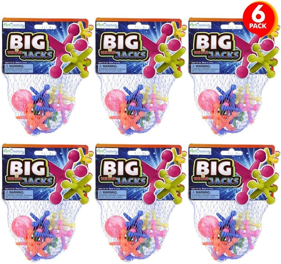 Big Neon Jacks Game, 6 Sets, Each Set with 10 Plastic Jacks and 1 Marb ...